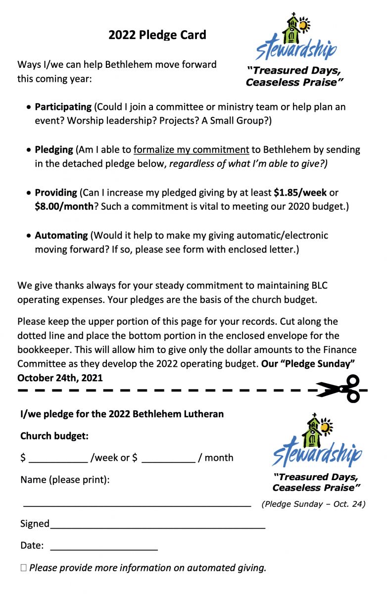 Pledge to Help Our Ministry : Bethlehem Lutheran Church, Traverse City, MI